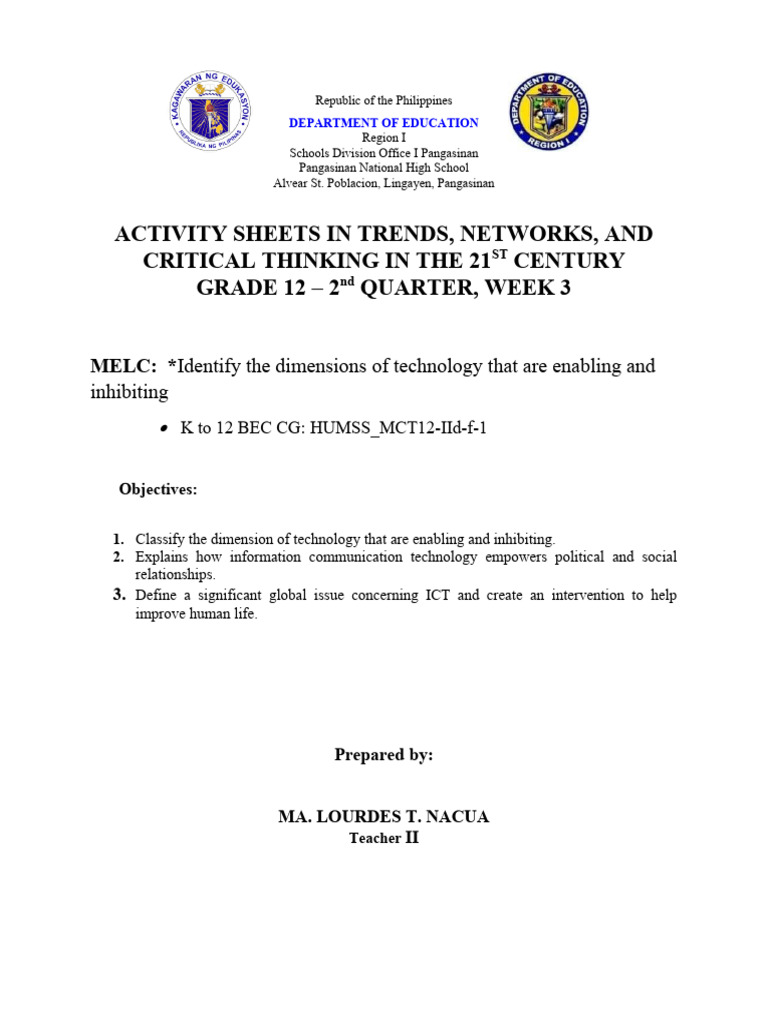 2a Trends Q2 Week 3 Activity Sheets Pdf Rubric Academic