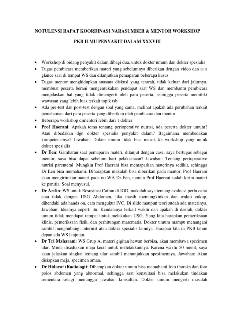 Notulensi Rapat Koordinasi Narasumber Dan Mentor Workshop PKB IPD 38 | PDF | Karier ...