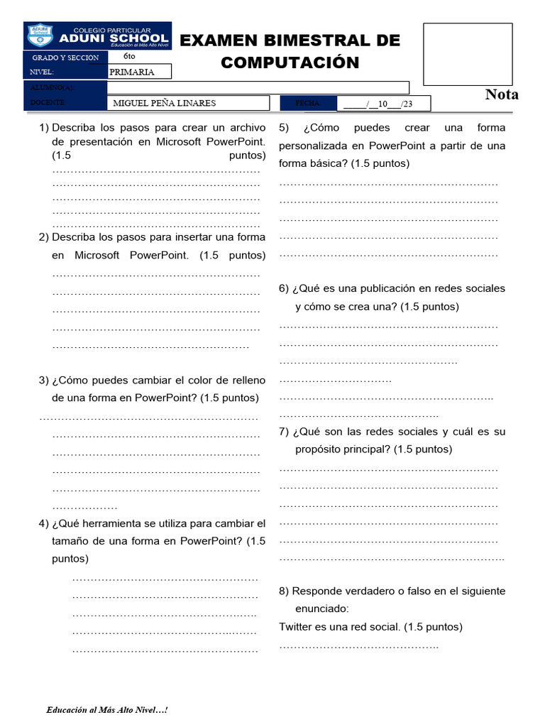 Examen Bimestral Computacion 6to Primaria | PDF | Informática | Software