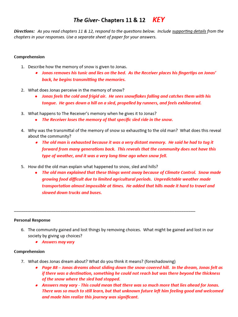 Study Guide 11-12 Key | PDF | The Giver | Snow