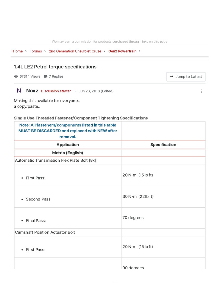 1.4L LE2 Petrol Torque Specifications - Chevrolet Cruze | PDF