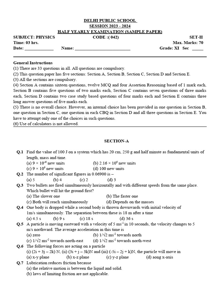 Xi-Physics-Half Yearly Exam (Sample Paper) - Set-Ii-2023-24 | PDF ...