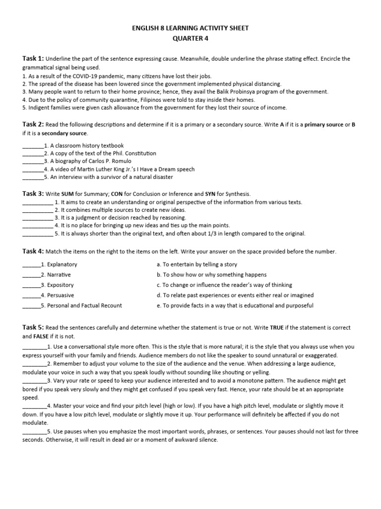 English 8 Learning Activity Sheet (4th Quarter) | PDF