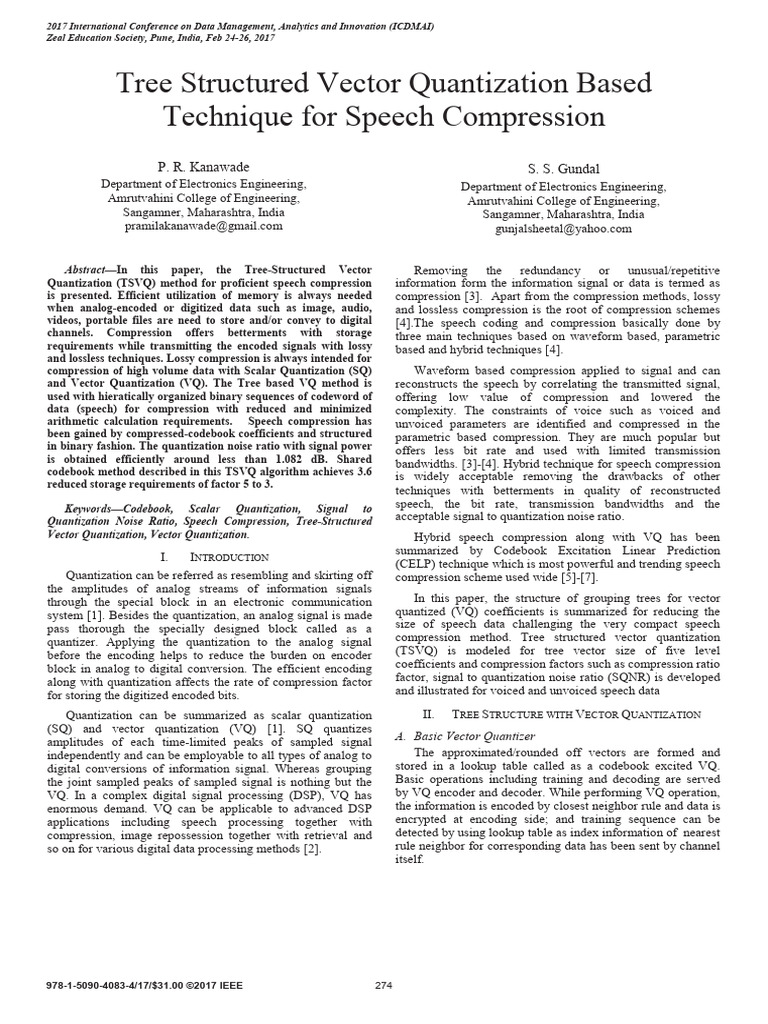 Tree Structured Vector Quantization Based Technique For Speech Compression | PDF