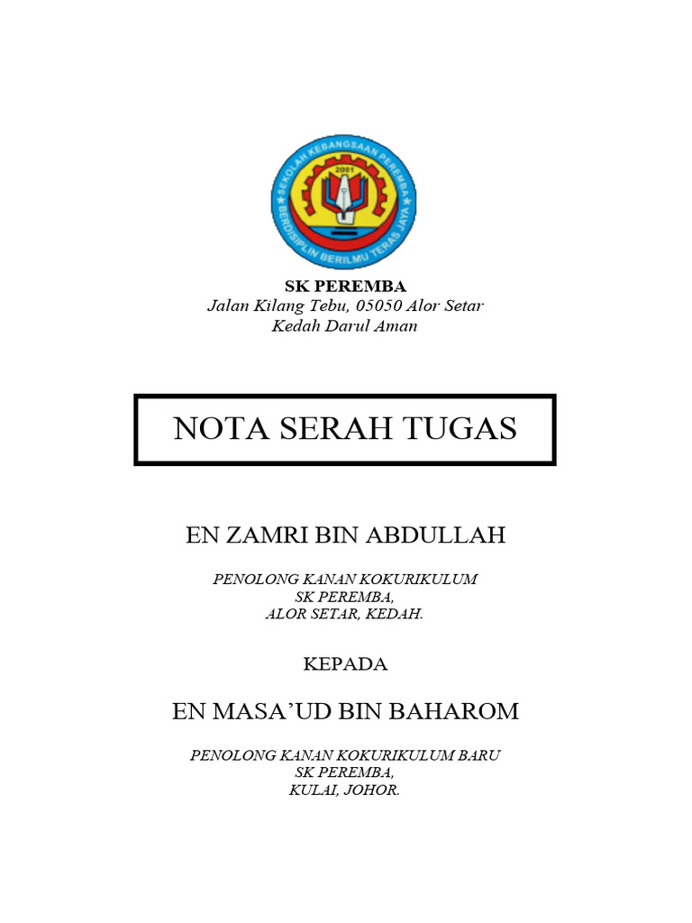 SK PEREMBA Serah Tugas Pkko | PDF