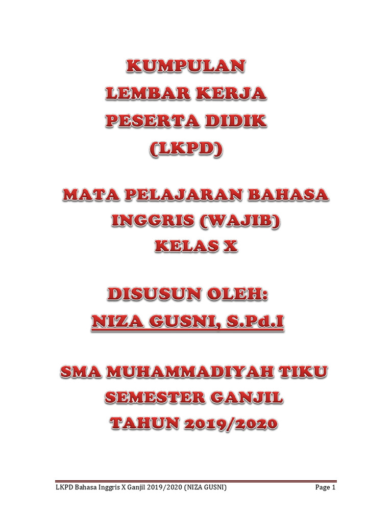 LKPD Bhs Inggris (W) X Ganjil 2019 (By NIZA) | PDF