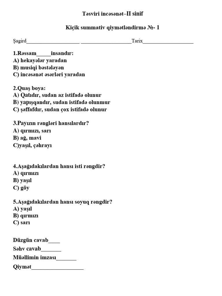 2-Ci Sinif Təsviri Incəsənət KSQ 1 - 2 - 3 - 4 - 5 BSQ 1 - 2 | PDF