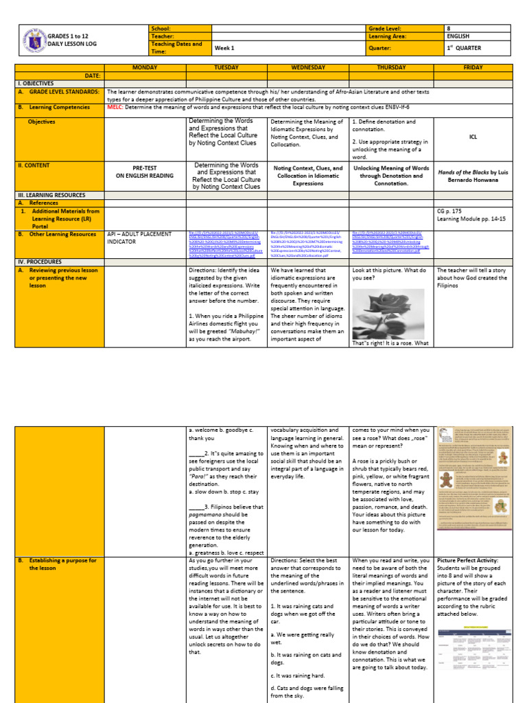 ENGLISH 8 Q1 W1 Determine The Meaning of Words and Expressions That ...