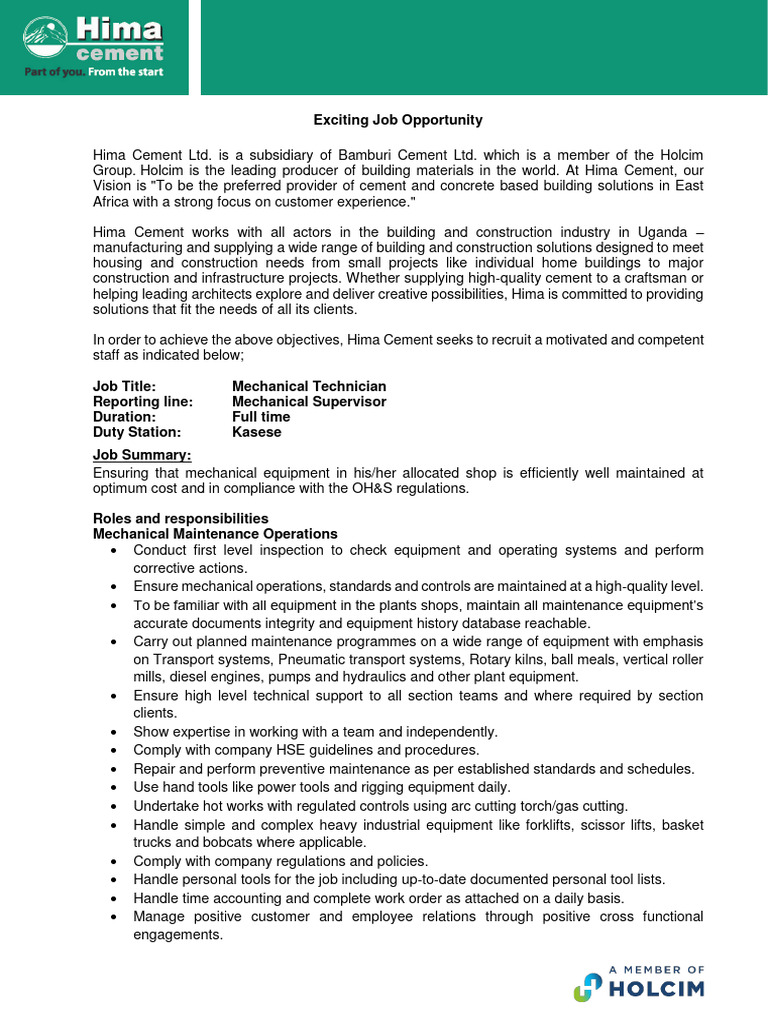 Job Advert Mechanical Technician | PDF