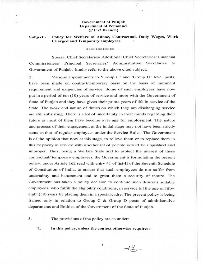 Policy For Welfare of Adhoc, Contractual, Daily Wages, Work Charged and ...