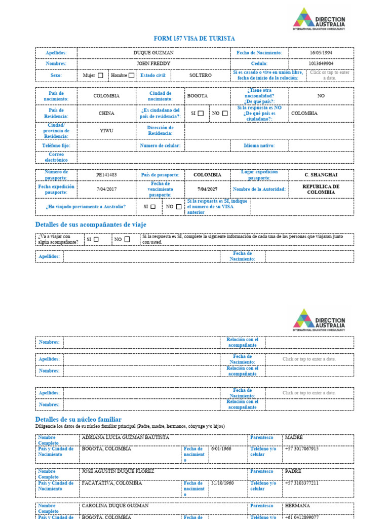 Form 157 Da Visa de Turista | PDF | Visa de viaje | Gobierno y personalidad