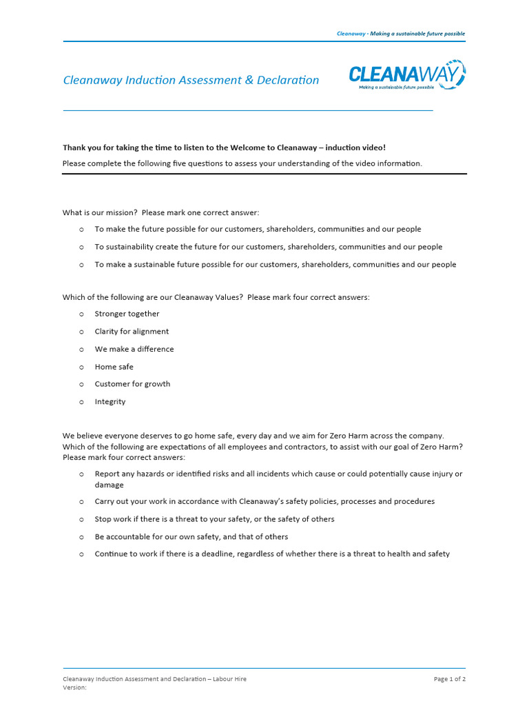Cleanaway Induction Assessment and Declaration Form - Labour Hir | PDF ...