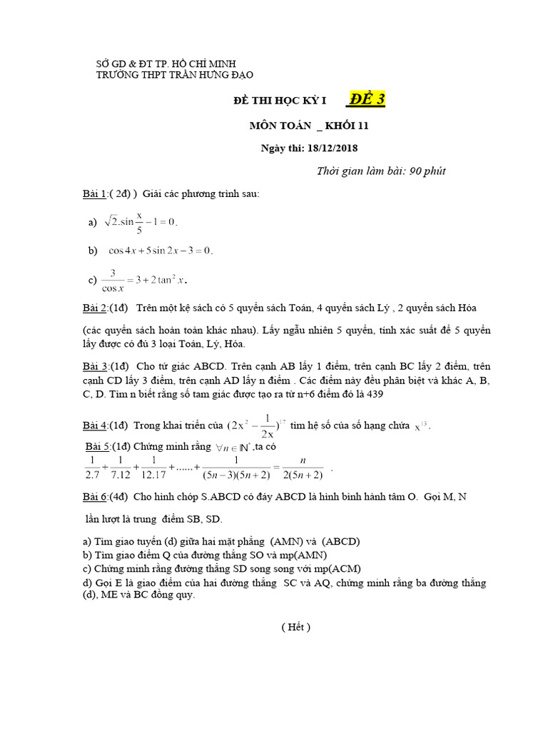 Đề 3 - Toán 11 - HK1 - 2018 | PDF