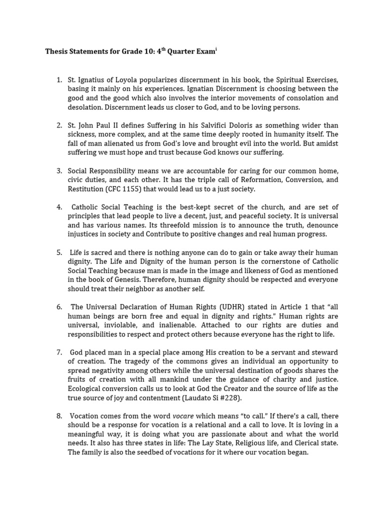 Grade 10 Thesis Statements on Faith and Society | PDF | Catholic Social ...