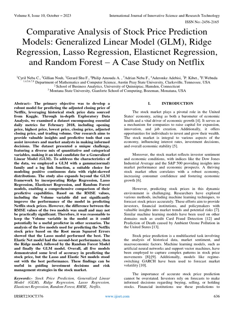 Comparative Analysis Of Stock Price Prediction Models Generalized Linear Model Glm Ridge 