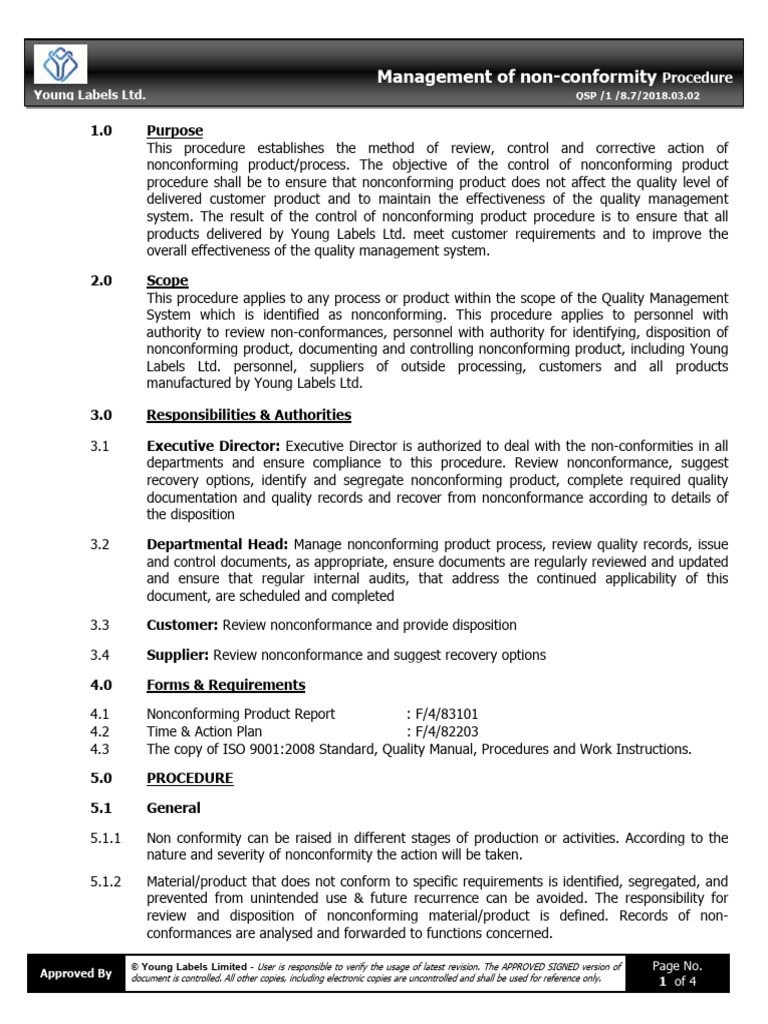 8.7 Management of non conformity Procedure | PDF