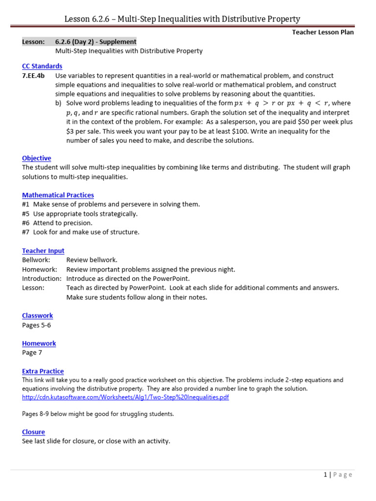 Multi-Step Inequalities Lesson Plan | PDF | Mathematical Relations ...
