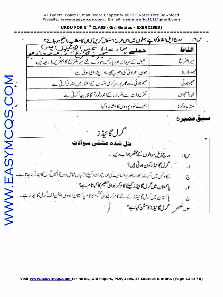 8th URDU Chapter 5 Girl Guides Notes | PDF