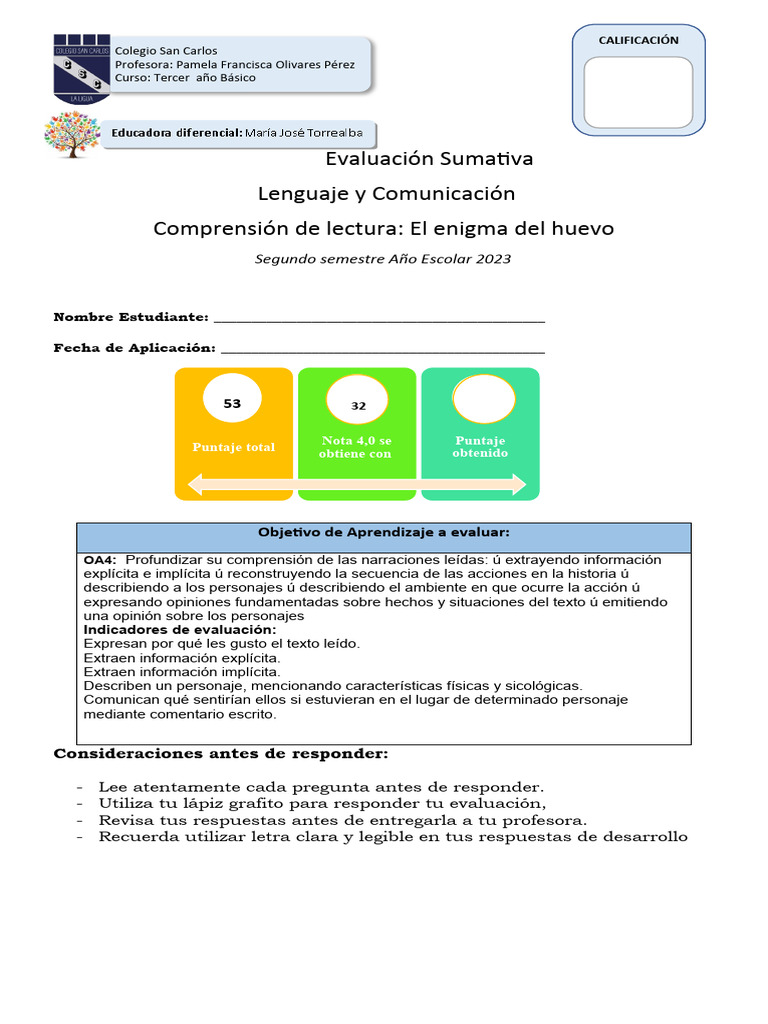 Prueba El Enigma Del Huevo Verde | PDF