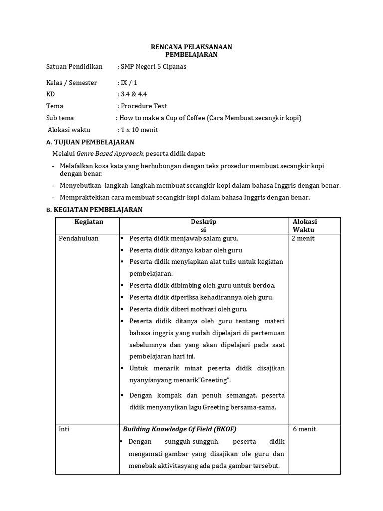 Rencana Pelaksanaan Pembelajaran: Building Knowledge of Field (BKOF) | PDF