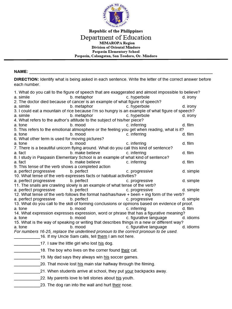 Grade 6 English Long Test | PDF