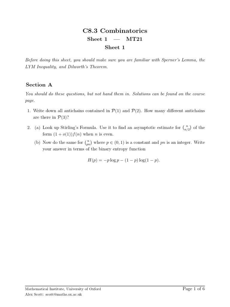 MT21 Combinatorics Sheet 1 | Download Free PDF | Combinatorics | Mathematical Analysis