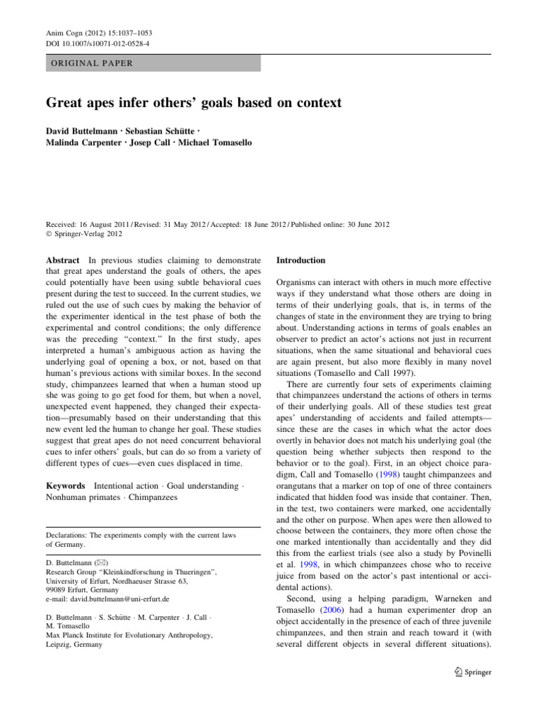 Buttelmann Etal 2012 Apes Goals ToM | PDF | Philosophy