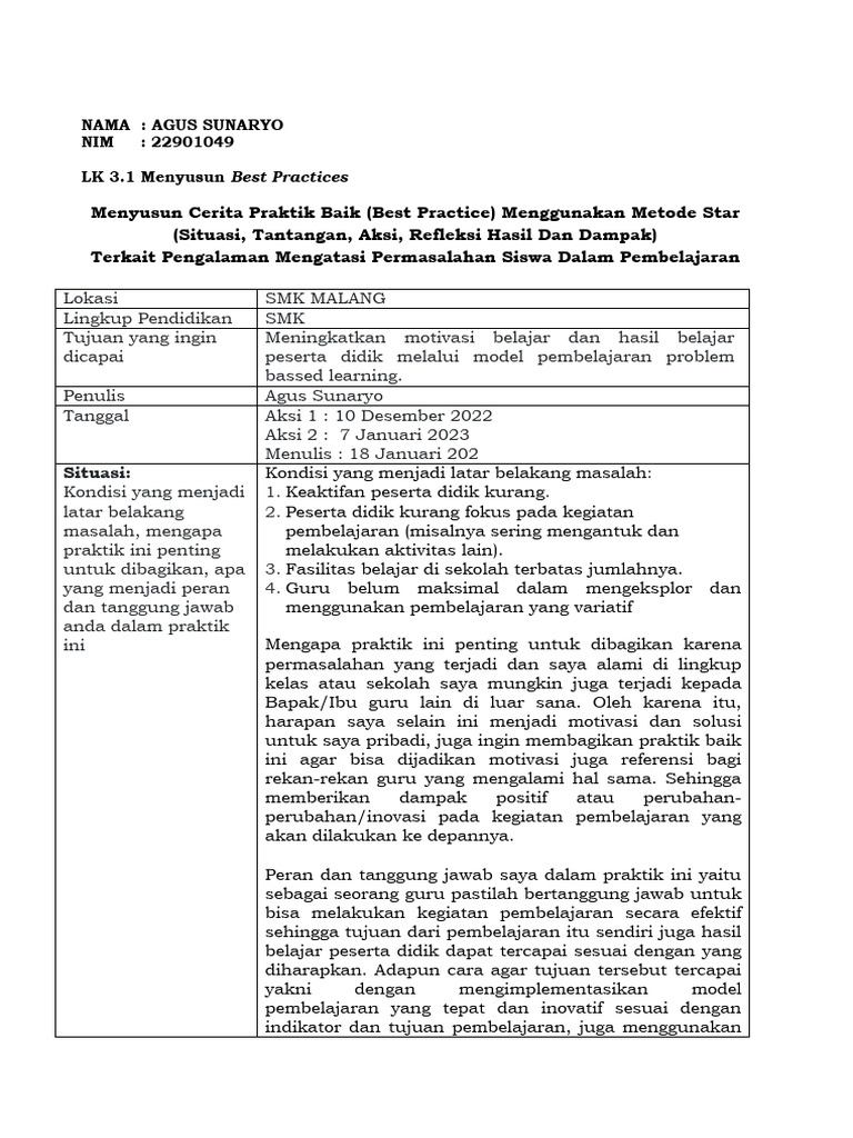 LK 3.1 Menyusun Best Practices Agus S | PDF | Karier & Perkembangan