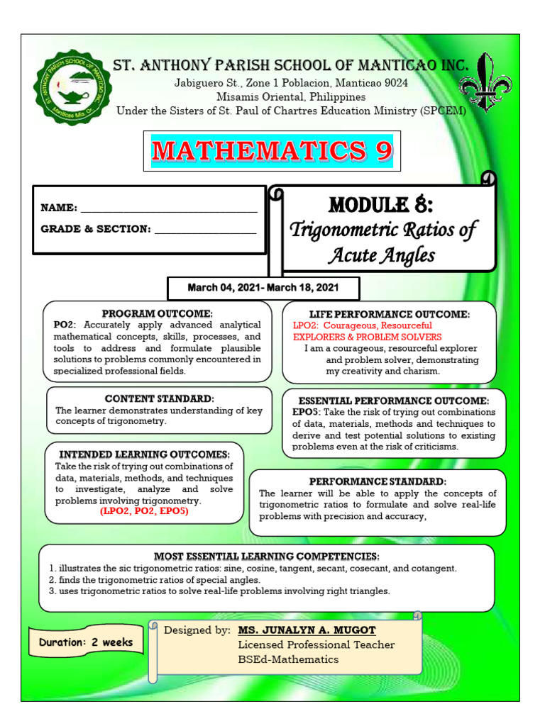 MODULE 8. Trigonometric Ratios of Acute Angles | PDF