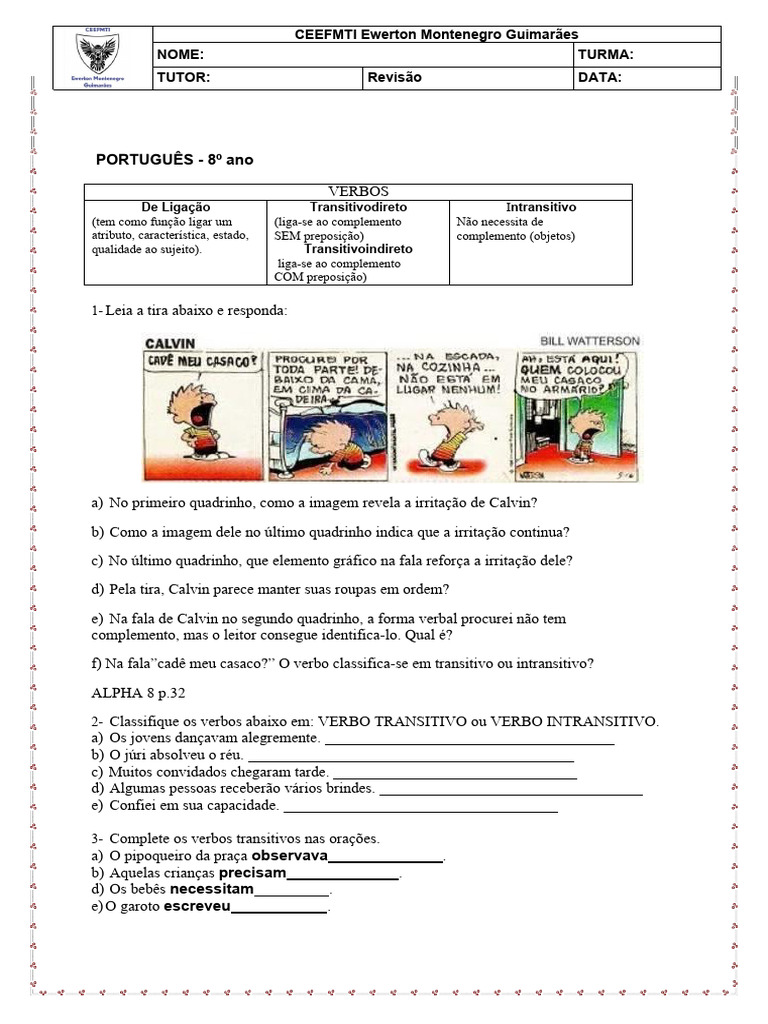 Atividade de Revisão 8º Ano - Prova | PDF