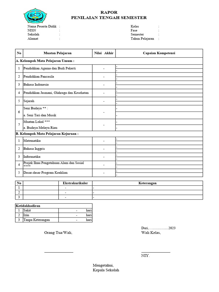 Contoh Blangko Rapor Sumatif Tengah Semester Ganjil 2023 | PDF