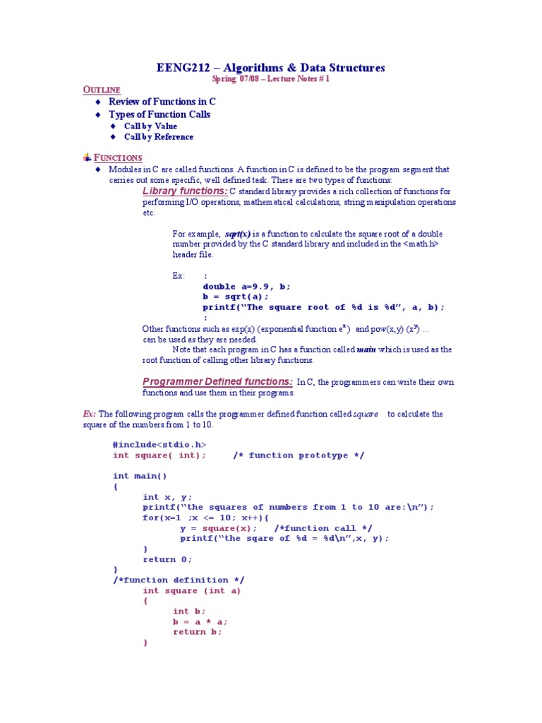 Eeng212 Algorithms And Data Structures Review Of Functions In C Types Of Function Calls Pdf