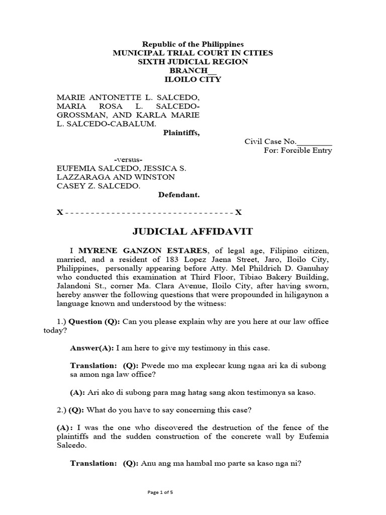 Judicial Affidavit of Myrene Ganzon (Ejectment Case) | PDF | Affidavit ...