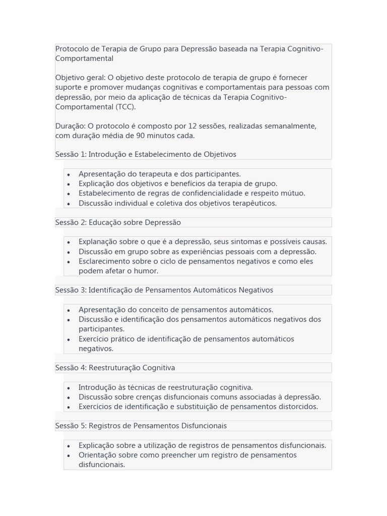 Protocolo TCC Em Grupo Para Depressão | PDF | Pensamento | Depressão