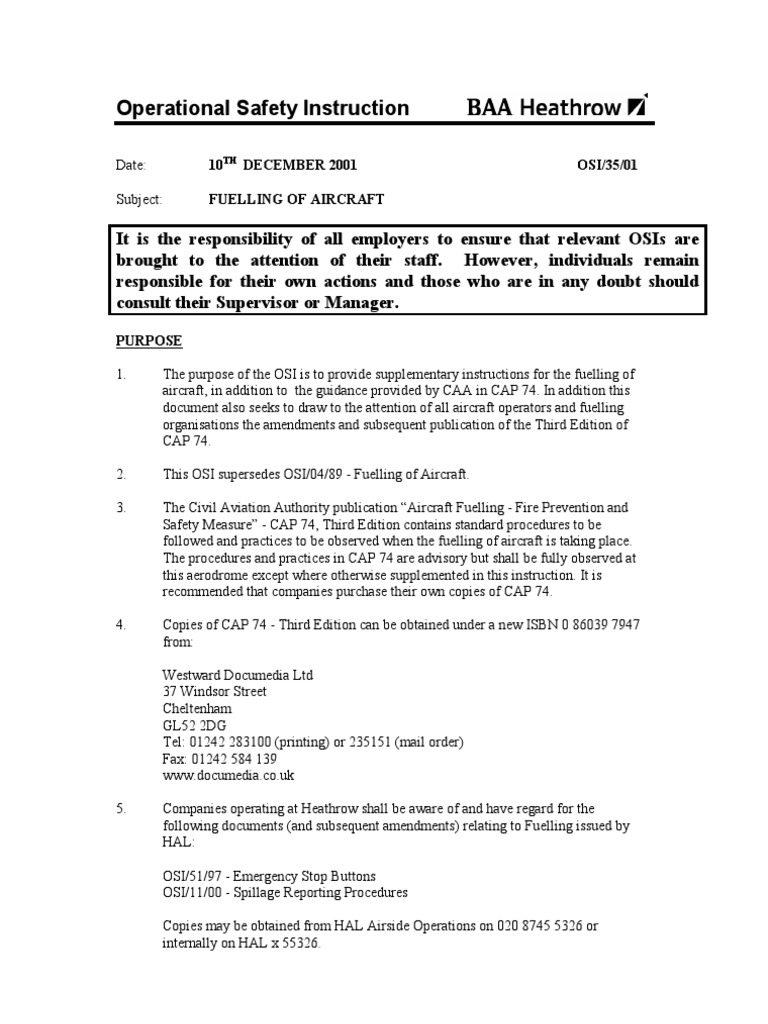 Aircraft Fueling BAA HEATHROW Operational Safety Instruction | PDF ...