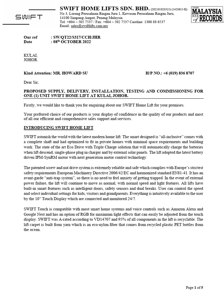 SW-QT22-S317-CCH-JHR (MR Howard - Kulai, Johor) - LITE - Outdoor | PDF | Elevator | Insurance