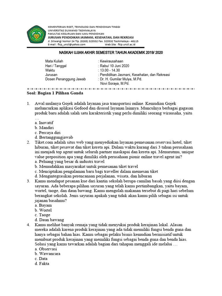 Google Form Soal UAS Kewirausahaan 2019 2020 | PDF