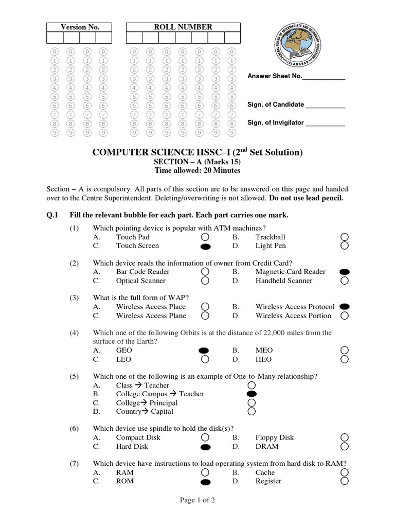 Computer Science HSSC-I Solution of 2nd Set Model Paper | PDF Computer Science HSSC-I Solution of 2nd Set Model Paper | PDF