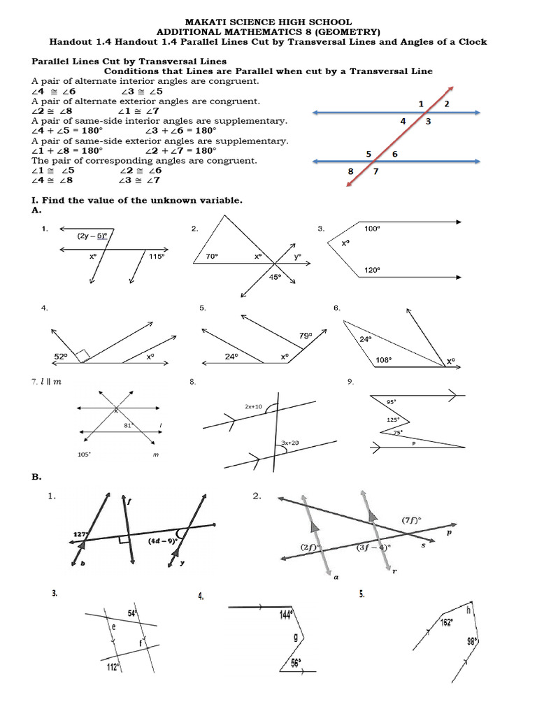 Handout 1.4 Parallel Lines Cut by Transversal and Angles of A Clock 2 | PDF