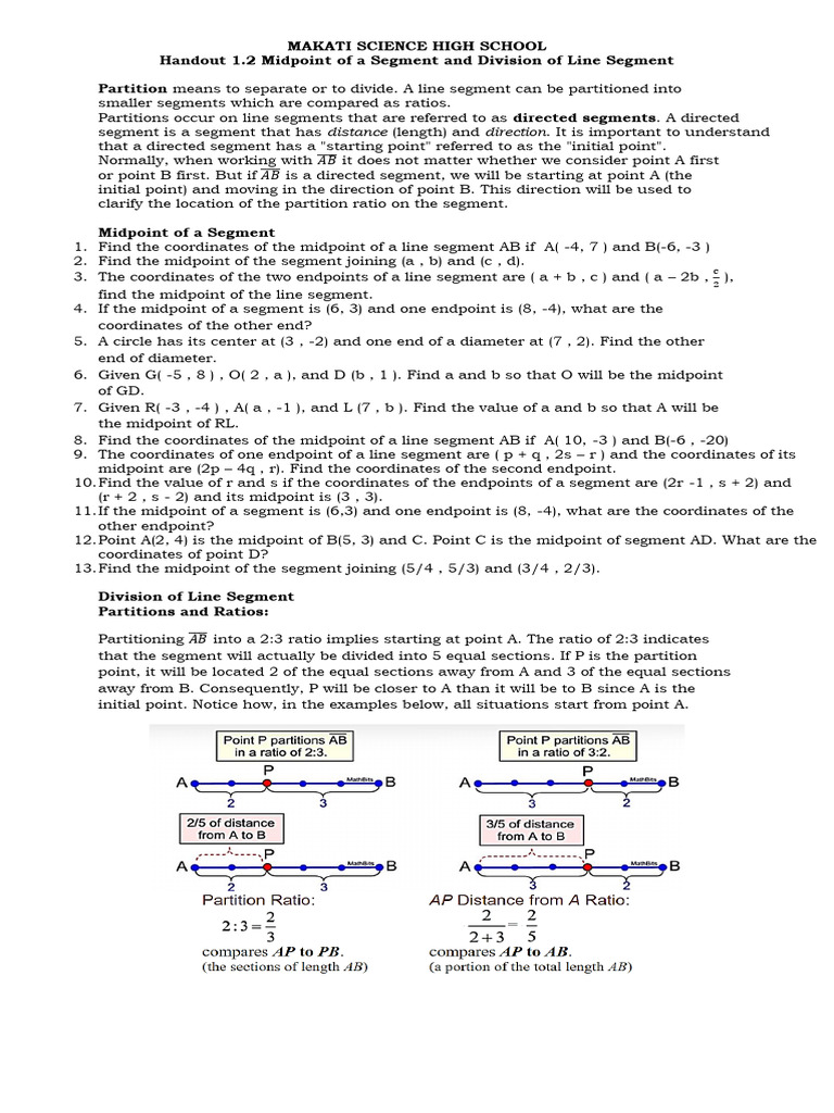 Handout 1.2 Midpoint of A Segment and Division of Line Segment 1 | PDF