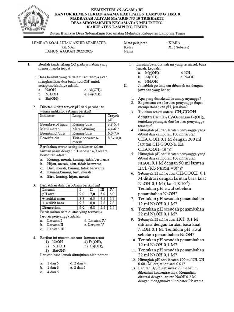 Soal KIMIA Kelas 11 PAT | PDF
