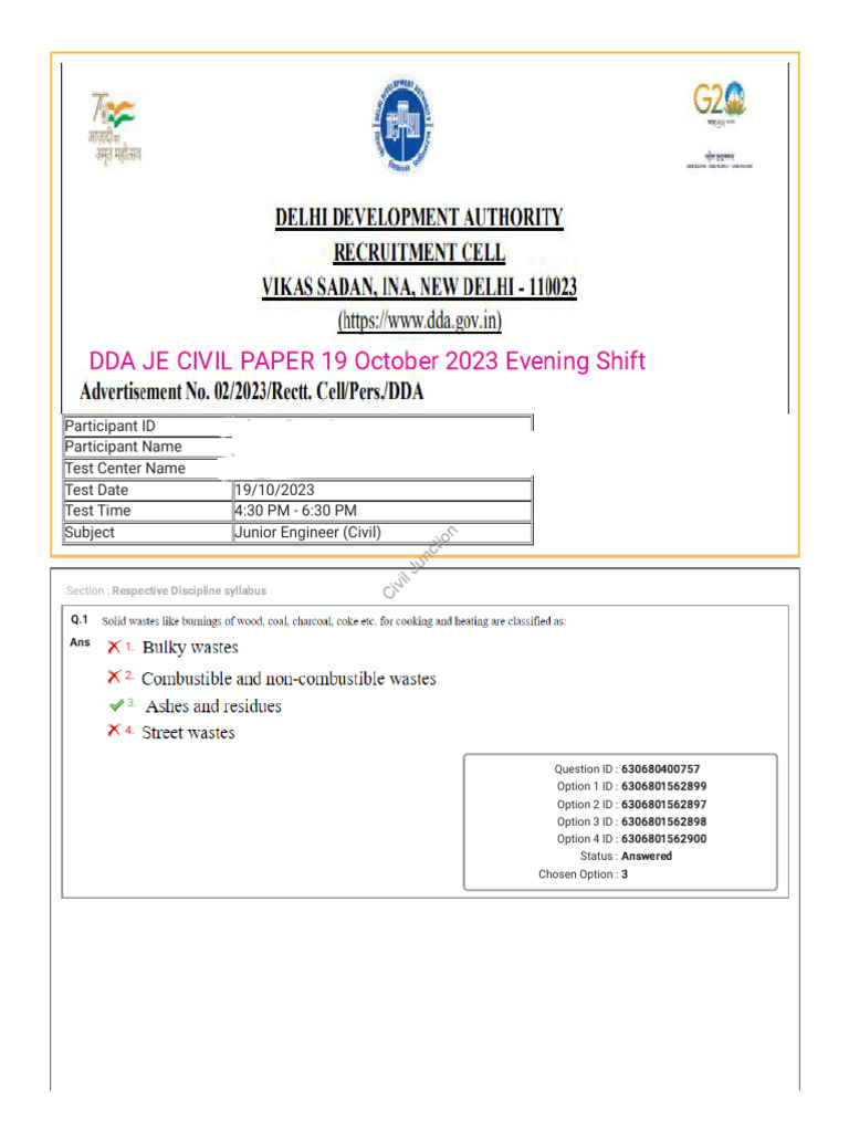 Dda Je Civil Paper 19 October 2023 Evening Shift | PDF