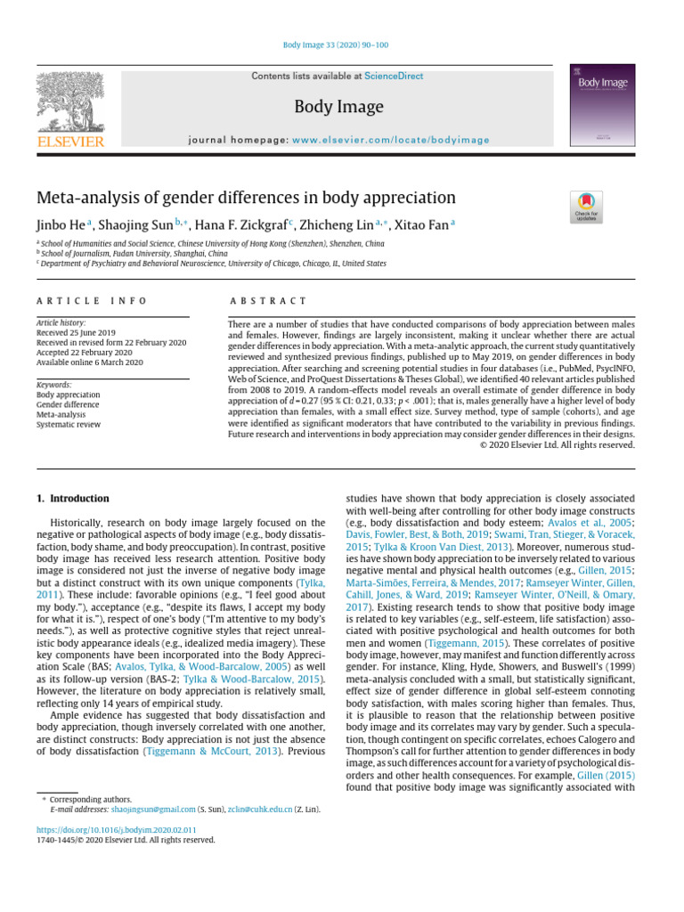 Meta Analysis Of Gender Differences In Body Appreciation Pdf Meta