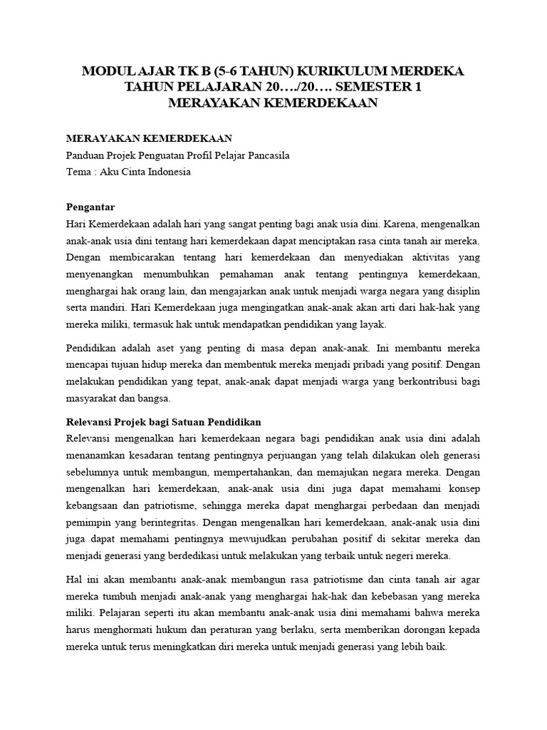 Modul Ajar P5 TK B Smt1 Merayakan Kemerdekaan | PDF