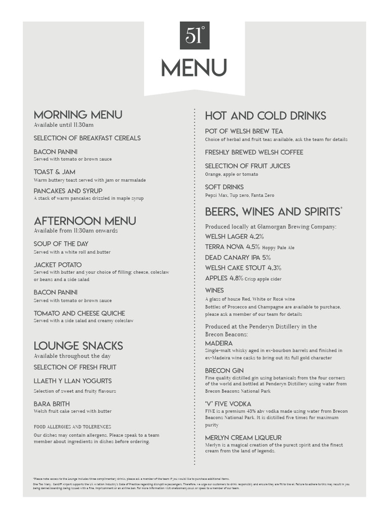 Cardiff Airport Lounge Menu | PDF | Drink | Food And Drink
