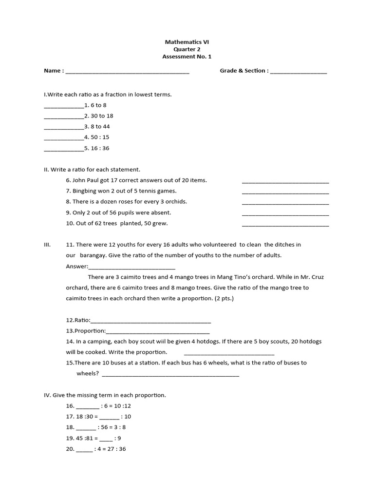Grade 6 Math Ratio Assessment | PDF | Elementary Mathematics | Mathematics