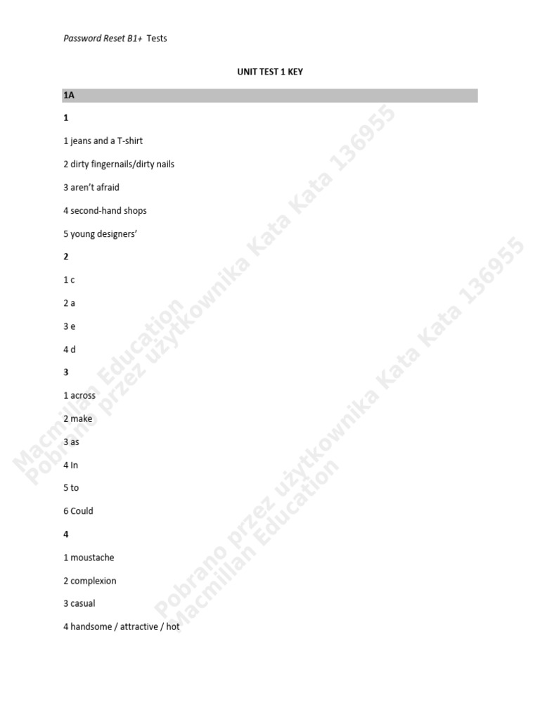 Pass Res B1P Unit Tests Answer Key | PDF