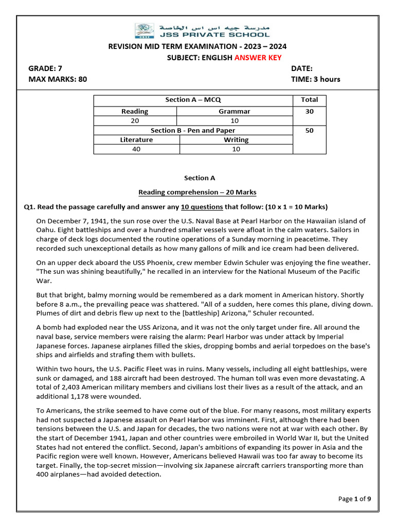 Grade 7 English Revision Paper 2023 - AK | PDF