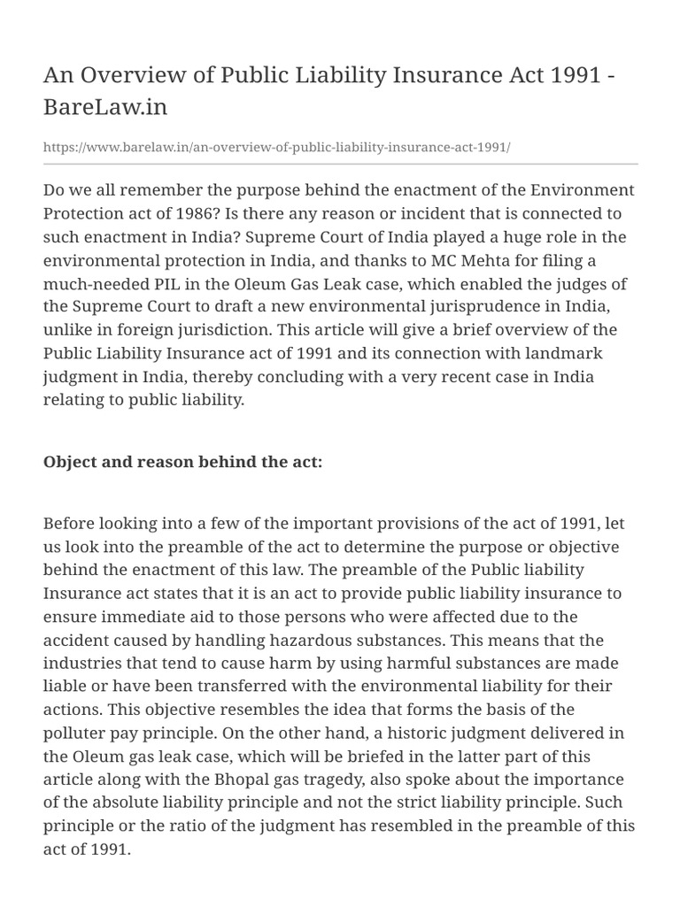 An Overview of Public Liability Insurance Act 1991+ | PDF | Legal ...