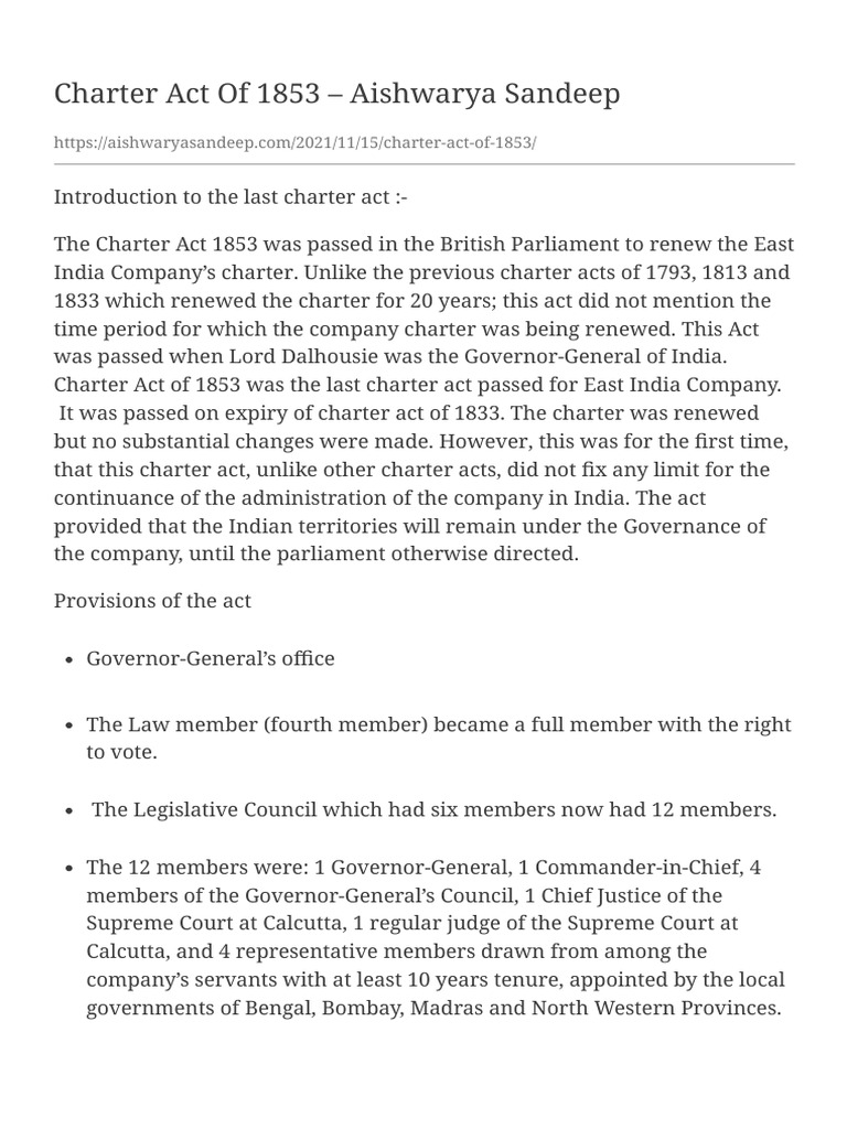 Charter Act of 1853 - Aishwarya Sandeep+ | PDF